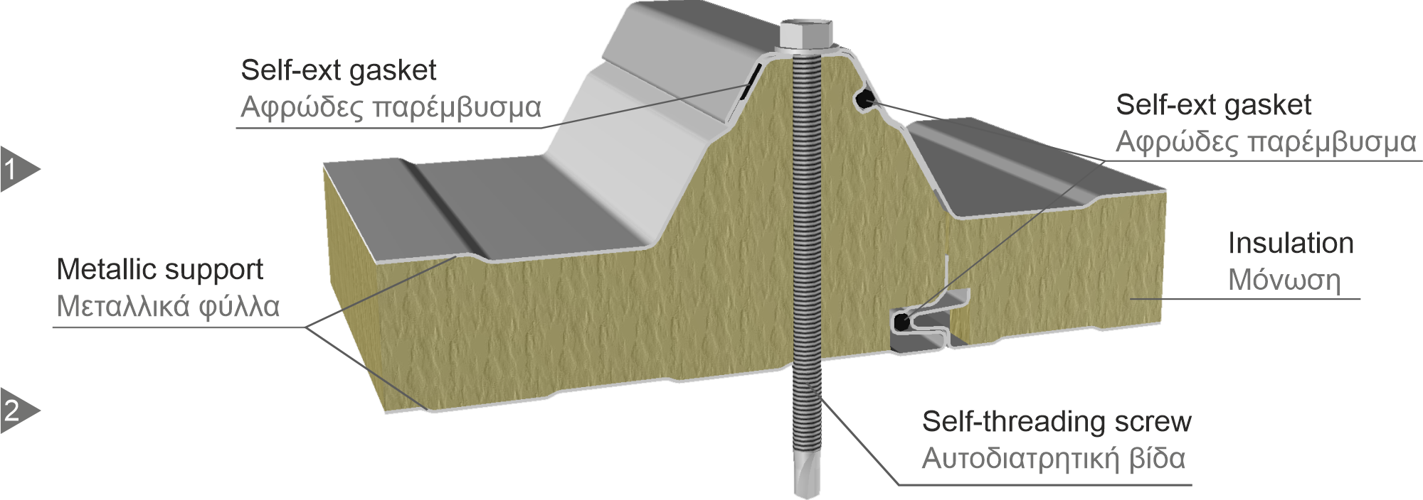 Roof panel with 5 ribs PR-5T 39/250 MW - Pagouni Building Innovations